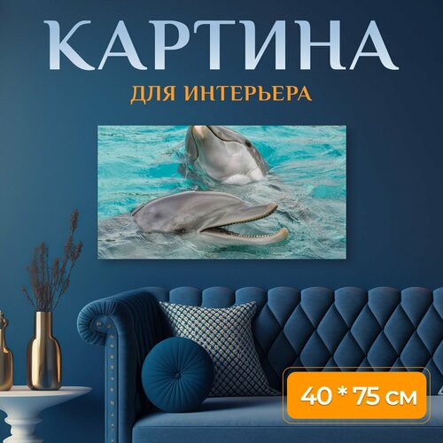 Картина на холсте "Дельфин, их, счастливый" на подрамнике 75х40 см. для интерьера