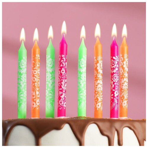 Омский свечной завод Набор свечей для торта "С Днём Рождения" с цветочками, классические, 8 штук