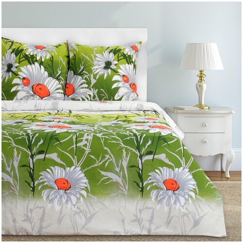 Комплект постельного белья Этель Ромашковое поле, 2-спальное с европростыней, поплин, зеленый