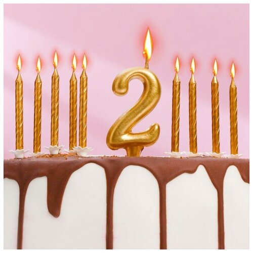 Набор свечей для торта (2 в 1) золотая Цифра "2" + Свечи "С Днём Рождения" золотые 10 шт, 7 см 71508