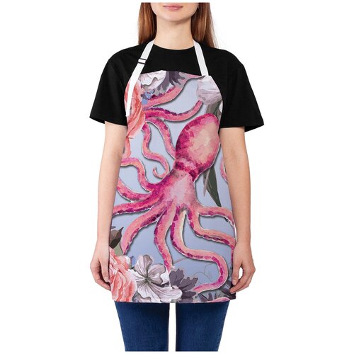 Фартук женский для готовки JoyArty "Красивый осьминог с цветами", универсальный размер