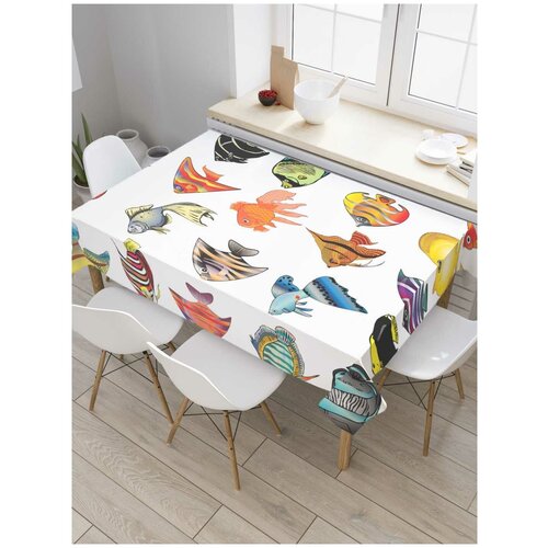 Скатерть прямоугольная JoyArty на кухонный стол "Рыбная экзотика" из оксфорда, 120x145 см