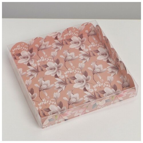 Коробка для кондитерских изделий с PVC крышкой «Цветы» 18 × 18 × 3 см