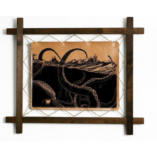 Картина "Море Кракен", интерьерная для украшения и декора на стену кухни гостиной детской комнаты спальни в деревянной рамке, подарок, натуральная кожа, BoomGift