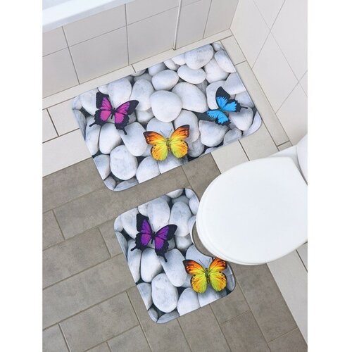 Набор ковриков для ванной и туалета Доляна «Камни», 2 шт: 40×50, 50×80 см, цвет белый