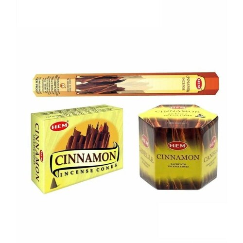 Набор ароматических благовоний HEM ХЕМ палочки, конусы, пули (стелющийся дым) аромат Корица Cinnamon, 3 шт