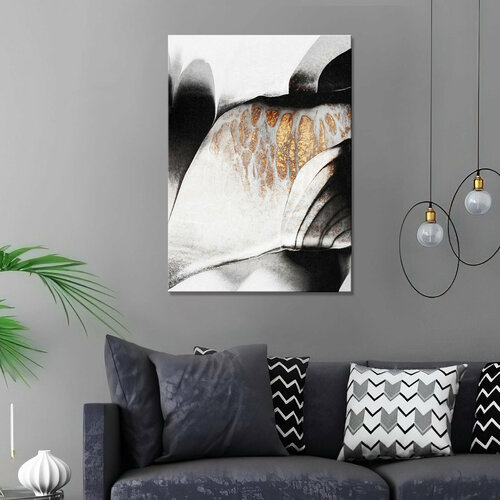 Картина на холсте для интерьера - "Абстракция, черно-белые разводы с золотом 50х70"