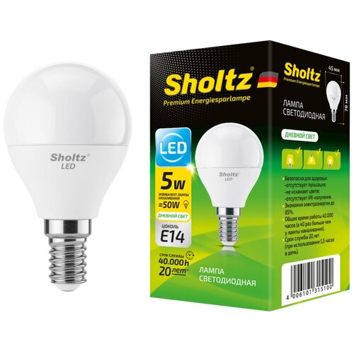 Лампа светодиодная Sholtz LEB3151, E14, G45, 5 Вт, 4200 К