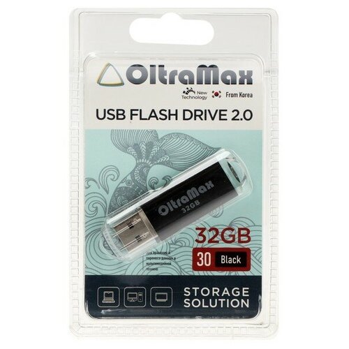 Флешка OltraMax 30, 32 Гб, USB2.0, чт до 15 Мб/с, зап до 8 Мб/с, чёрная 9441553