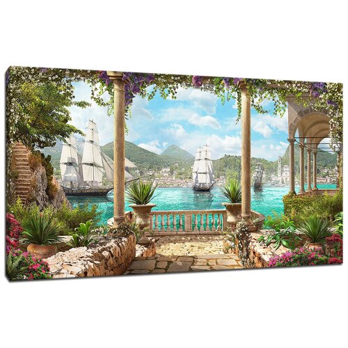Картина Уютная стена "Терраса у моря с парусниками" 120х60 см