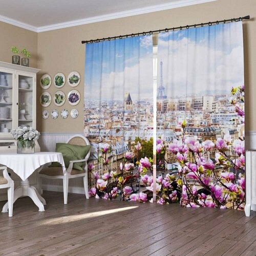 Фотошторы Цветущая магнолия в Париже Ш150xВ285 см. 2шт. Блэкаут на тесьме