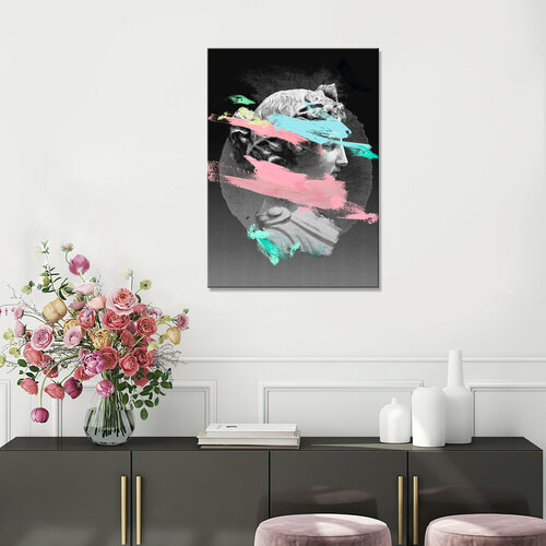 Интерьерная картина на холсте - Скульптура девушки голубая и розовые полосы краски 60х80