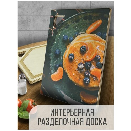 Разделочная доска деревянная, прямоугольная с треугольным отверстием, с принтом еда фастфуд, панкейки - 138