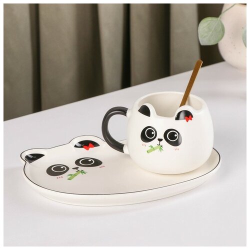 Чайная пара керамическая с ложкой "Панда", 180 мл, блюдце 19,5х14,5 см, рисунок микс