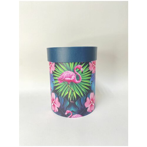 Подарочная коробка из картона с крышкой, шляпная, круглая, с рисунком Гавайи цветы и фламинго, 15х20 см, розовая