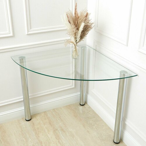 Угловой стол для кухни и гостинной со стеклянной столешницей на трех металлических ножках цвета хром