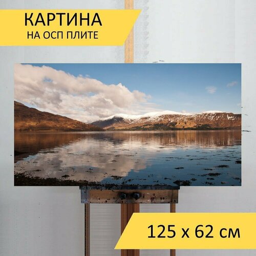 Картина на ОСП 125х62 см. "Озеро, горы, отражение" горизонтальная, для интерьера, с креплениями