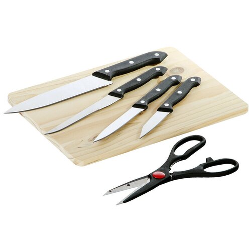Набор аксессуаров для кухни 6 предметов доска разделочная деревянная 4 ножа и ножницы в блистере