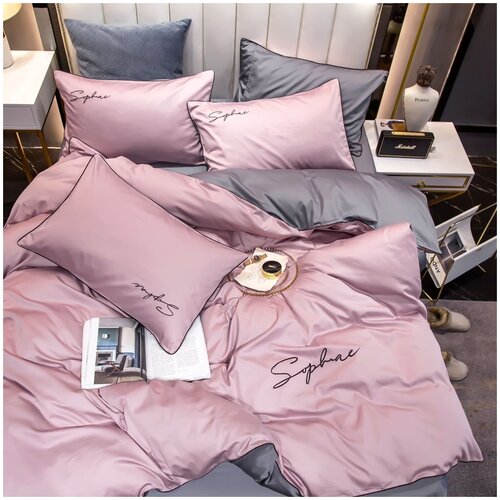 Комплект постельного белья Winni Жатка Сатин на резинке Розовый Серый – 2х спальный