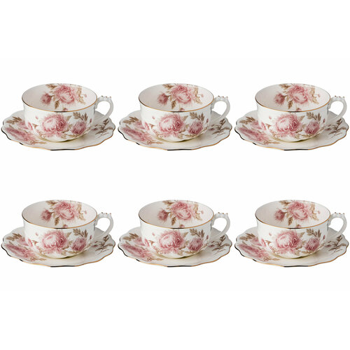 Чайный набор посуды на 6 персон Lefard Астра 375 мл, сервиз 12 предметов: 6 чашек и блюдец, подарочный белый Фарфор Лефард