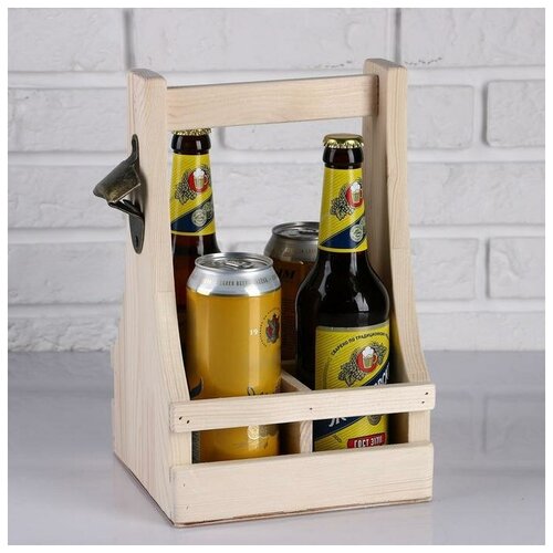 Ящик для пива 19×18×30 см с открывашкой, под 4 бутылки, деревянный