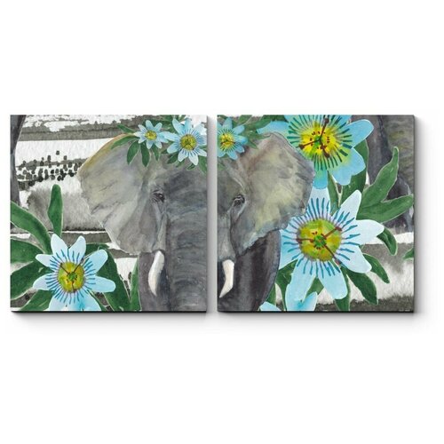 Модульная картина Слон, гуляющий среди цветов120x60