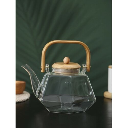 Чайник заварочный стеклянный с бамбуковой крышкой и металлическим фильтром Октогон, 1,2 л
