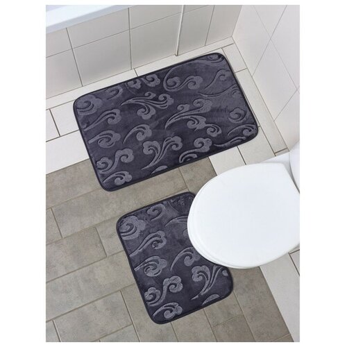 Набор ковриков для ванной и туалета Доляна «Грация», 2 шт, 40×50, 50×80 см, цвет серый