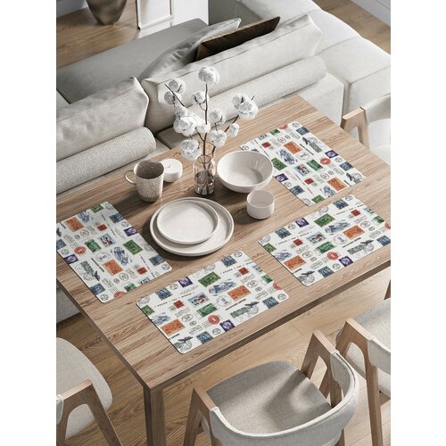 Набор прямоугольных тканевых салфеток на стол для сервировки JoyArty "Почтовые марки" плейсмат, 30x46 см, 4шт.