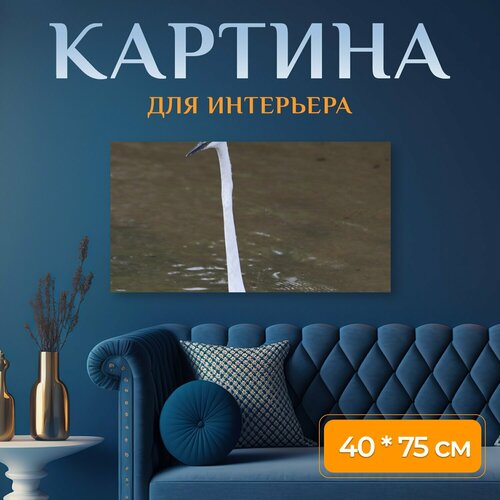 Картина на холсте "Цапля, озеро, птица" на подрамнике 75х40 см. для интерьера