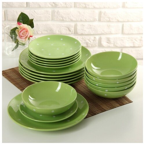 Набор тарелок керамический Доляна "Зелёный горох", 18 предметов: 6 тарелок d=19 см, 6 тарелок d=27 см, 6 мисок d=18,7 см, цвет зелёный