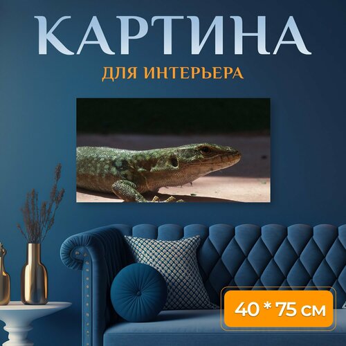 Картина на холсте "Ящерица, животное, зеленый" на подрамнике 75х40 см. для интерьера