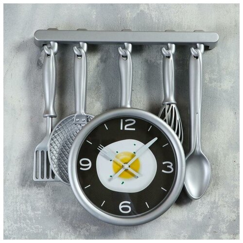 Часы настенные, интерьерные, серия: Кухня, "Кухонная утварь", 32 х 34 см, серебро