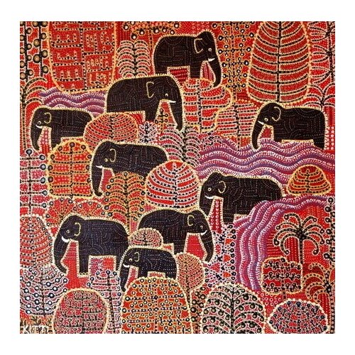 Плакат, постер на бумаге мадхубани. Индия. Семь слонов. Размер 21 х 30 см