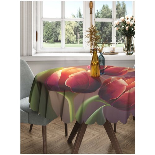 Скатерть круглая тканевая на стол JoyArty с рисунком "Букет тюльпанов" 150 на 150 см