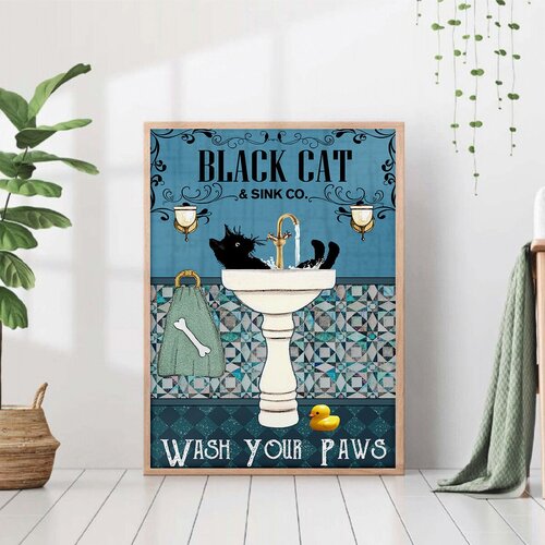 Постер без рамки "Черный кот в ванной" 40 на 50 в тубусе / Картина для интерьера / Плакат / Постер на стену / Интерьерные картины