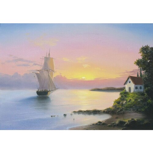 Картина маслом ручной работы "Тихая гавань", холст 30х40 см, для интерьера, море, парусник, природа
