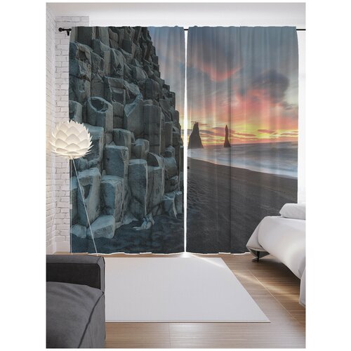 Фотошторы для кухни и спальни JoyArty "Скалы Рейнисдрангар", 2 полотна со шторной лентой шириной по 145 см, высота 265 см
