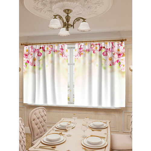 Фотошторы для кухни LeJoy Home из габардина "Нежно розовые цветы на белом фоне" 180х290 см. (2 шт. 145х180 см (каждая).