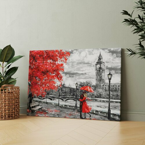 Картина на холсте (лондон с городами черно белые дождливый осень) 20x30 см/для интерьера/в комнату/на стену/в подарок