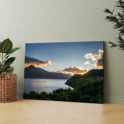 Картина на холсте (Горы Новой Зеландии и природа озера) 60x80 см. Интерьерная, на стену.