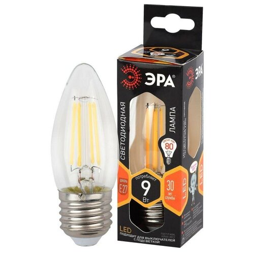 Лампа светодиодная филаментная F-LED B35-9w-827-E27 B35 9Вт свеча E27 тепл. бел. | код. Б0046993 | Эра (15шт. в упак.)