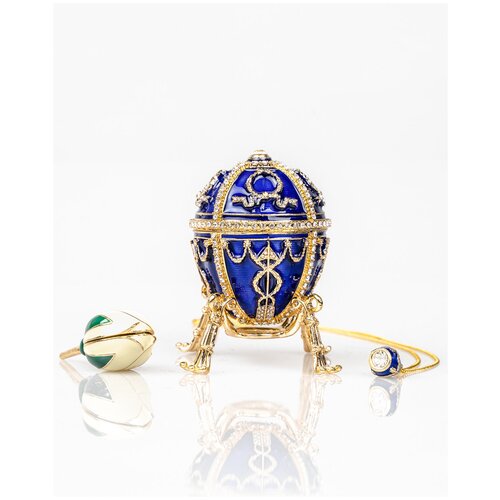 Шкатулка Яйцо в стиле Фаберже "Бутон розы" с подвеской 8,8 см Синяя / Золотистая