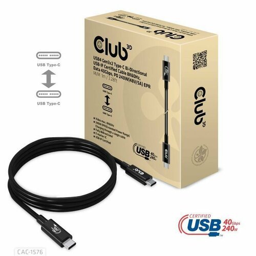 Кабель CLUB 3D CAC-157 6USB-C / USB-C, USB4 Gen3x2 Type-C, двунаправленный, 1 метр, для ПК, смартфона, цвет черный (CAC-1576)