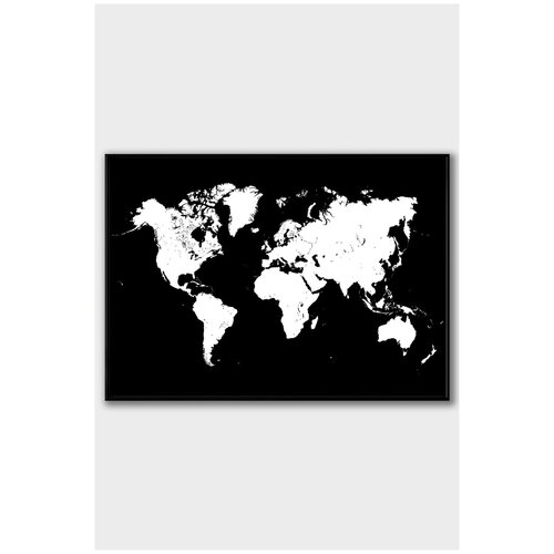 Постер на стену для интерьера Postermarkt Карта мира черно белая, постер в черной рамке 50х70 см, постеры картины для интерьера в черной рамке