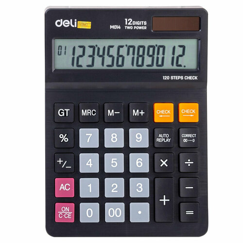 Калькулятор настольный полноразмерный Deli, 12-разр, дв. питание, черн EM01420
