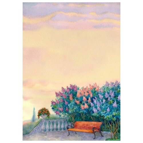 Постер на холсте Скамейка у кустов с цветами 30см. x 42см.