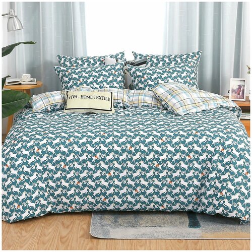 Комплект постельного белья VIVA HOME TEXTILE C483, 2-спальное, хлопок, сине-зеленый