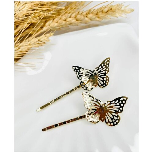 Невидимки для волос детские женские декоративные серебристые бабочки, декоративные невидики бабочки, золотые, 2шт