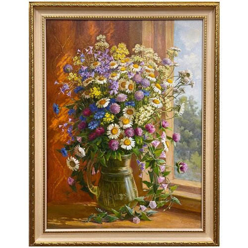 Картина маслом, цветы "Букет на окне"
